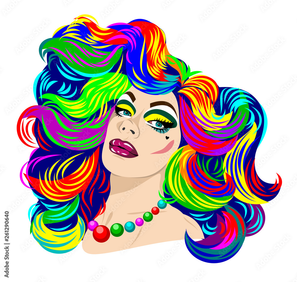 Portrait of a transvestite in bright make-up and with multi-colored ...