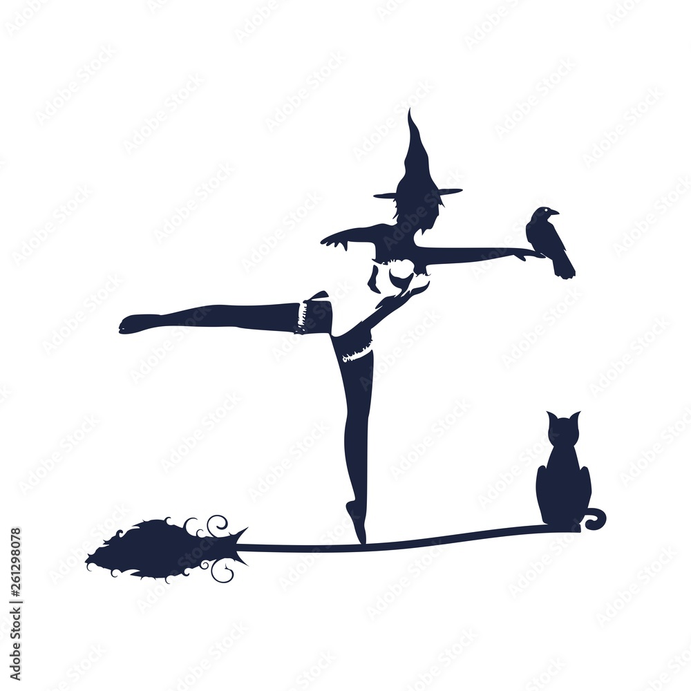 Illustration of standing young witch icon. Witch silhouette with a ...