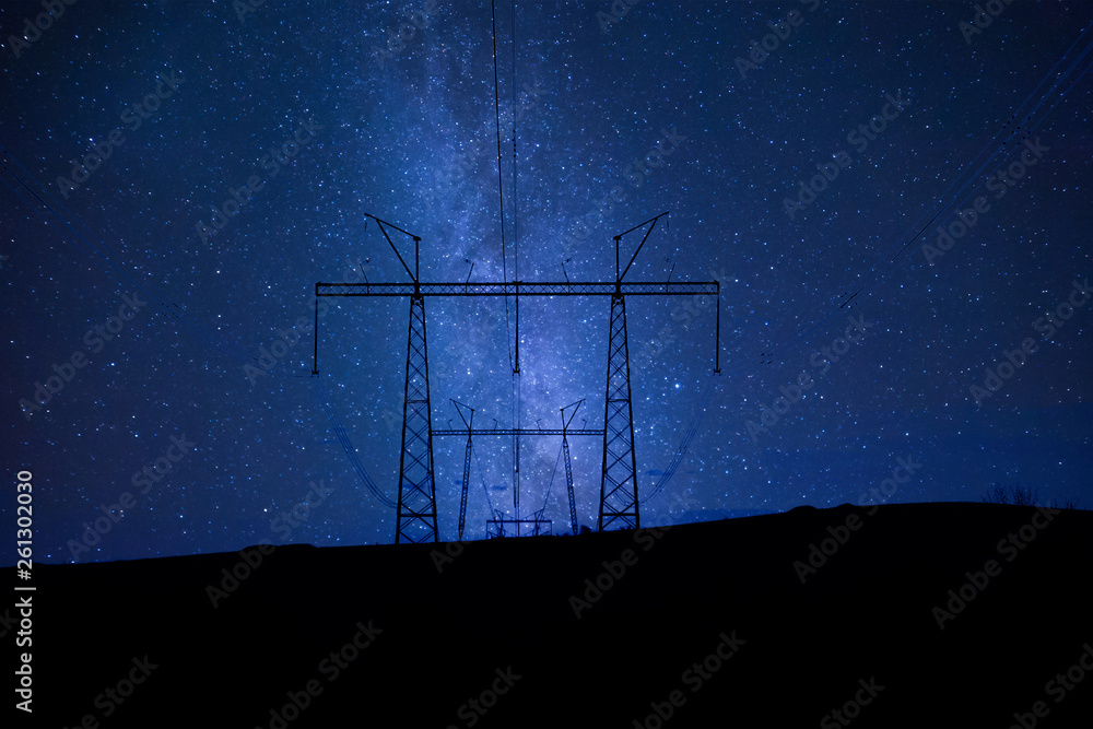 Night landscape with high-voltage power line Stock Photo | Adobe Stock