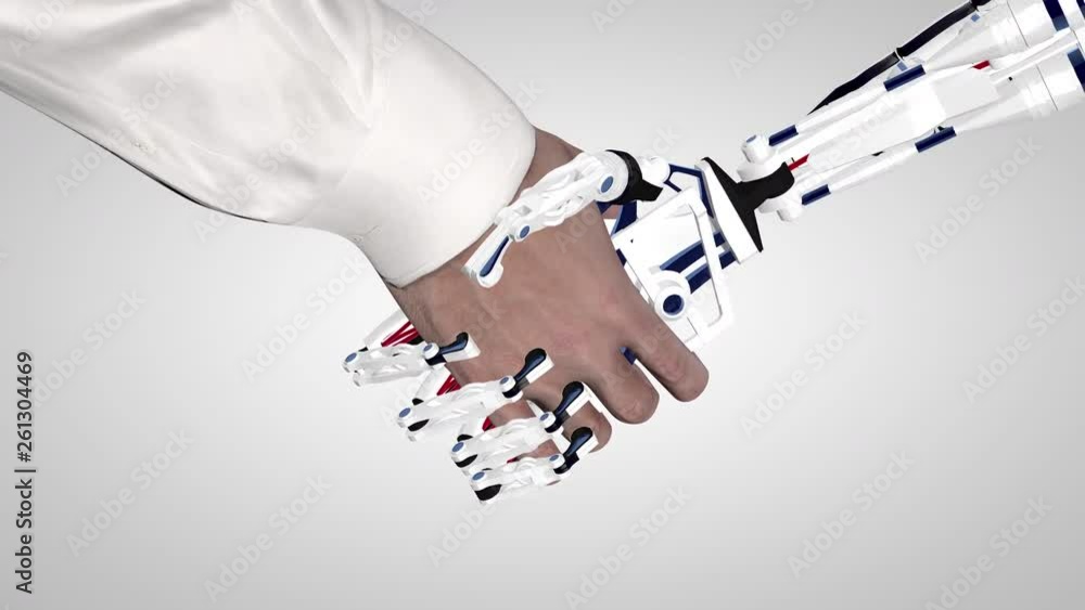 Businessman shaking hands with a robot with artificial intelligence ...