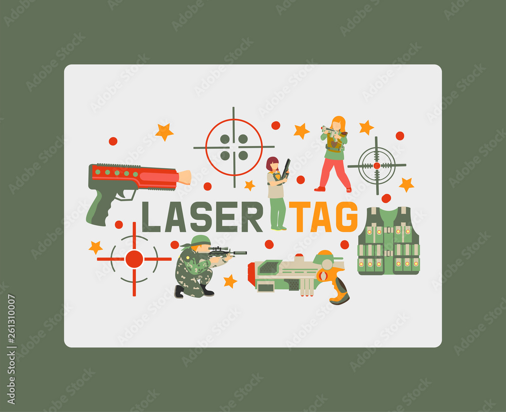 Laser tag game banner, poster vector illustration. Gun, optical sight ...