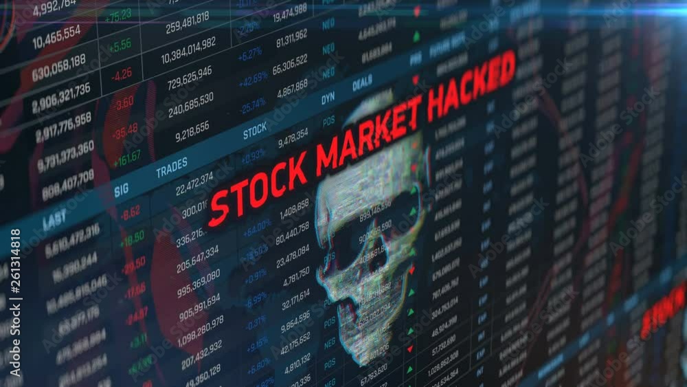 Stock market hacked message on financial background, pirate skull glitch, crash. Hijacked ...