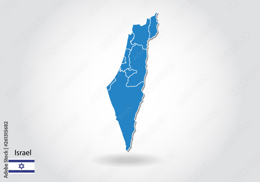 israel map design with 3D style. Blue israel map and National flag ...