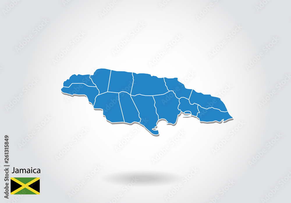 Jamaica map design with 3D style. Blue Jamaica map and National flag ...