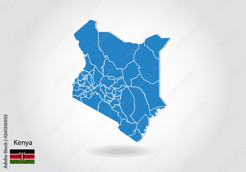 Kenya map design with 3D style. Blue Kenya map and National flag ...