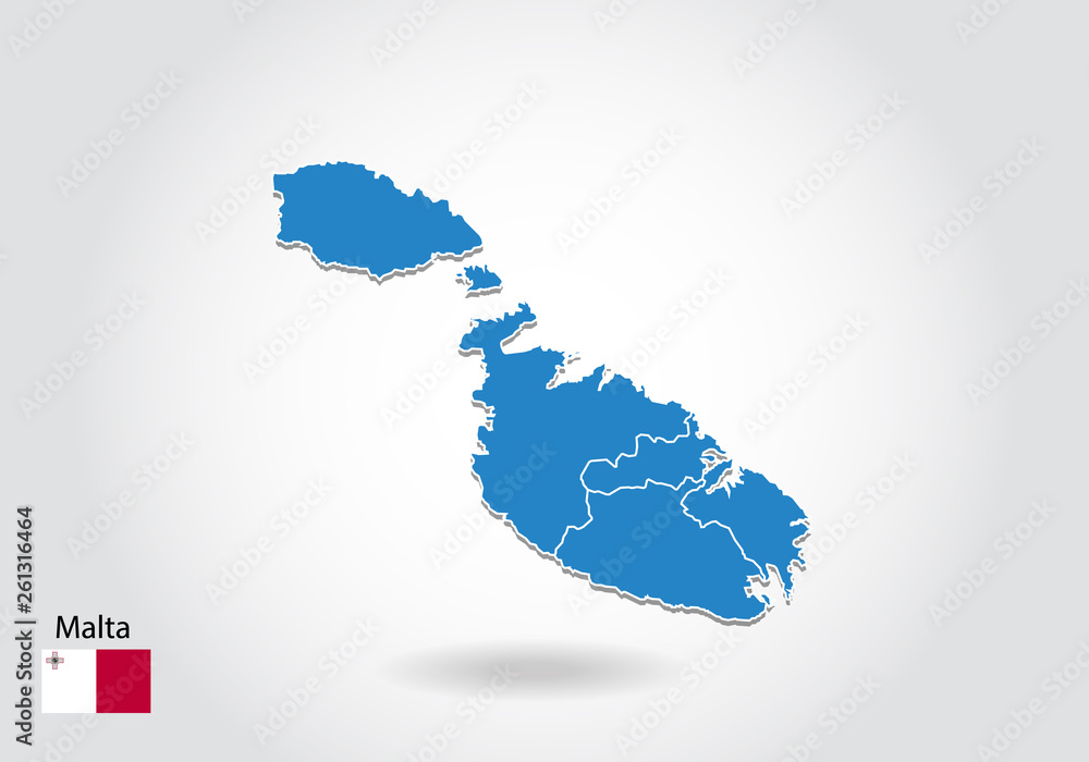 malta map design with 3D style. Blue malta map and National flag ...