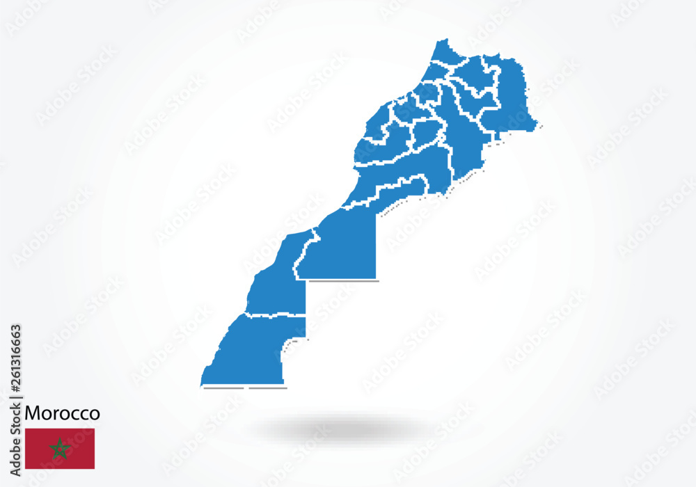 morocco map design with 3D style. Blue morocco map and National flag ...