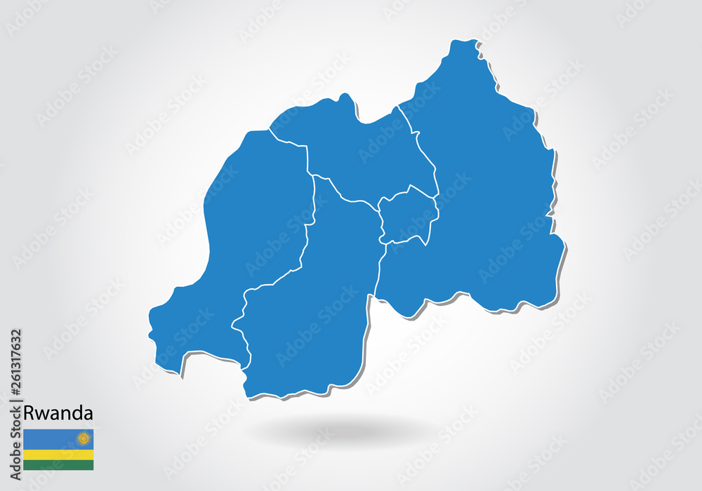 Rwanda map design with 3D style. Blue Rwanda map and National flag ...