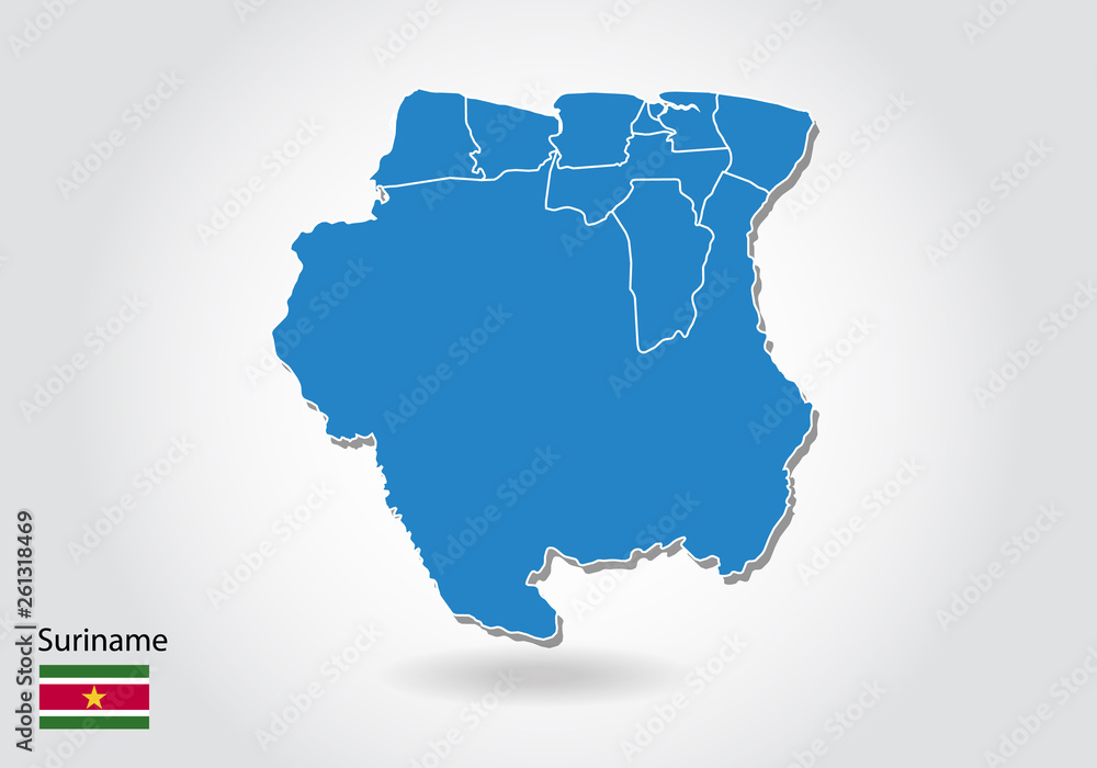 Suriname map design with 3D style. Blue Suriname map and National flag ...