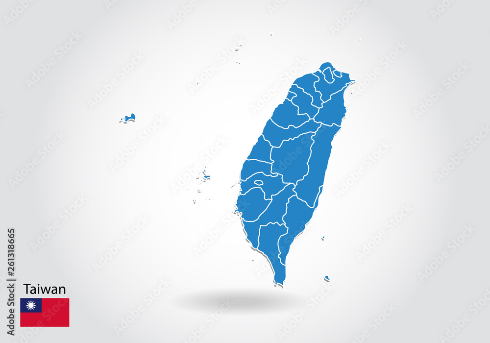 Taiwan map design with 3D style. Blue Taiwan map and National flag ...