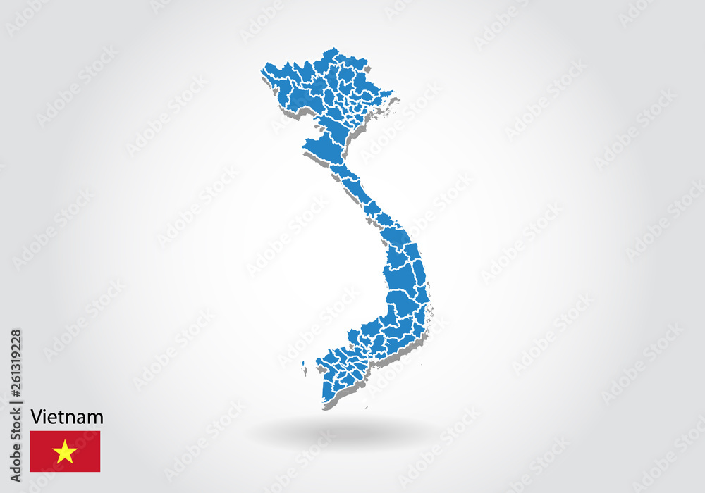 Vietnam map design with 3D style. Blue Vietnam map and National flag ...