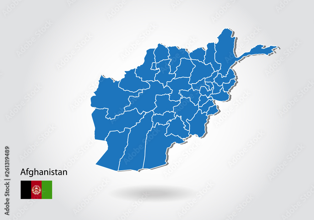 Afghanistan map design with 3D style. Blue Afghanistan map and National ...