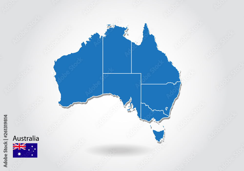 australia map design with 3D style. Blue australia map and National ...