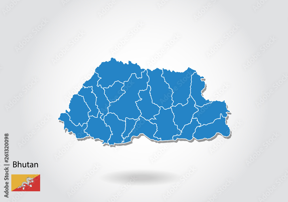 bhutan map design with 3D style. Blue bhutan map and National flag ...