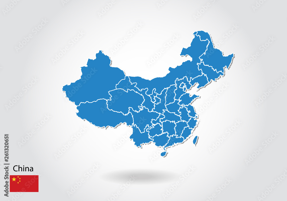 china map design with 3D style. Blue china map and National flag ...