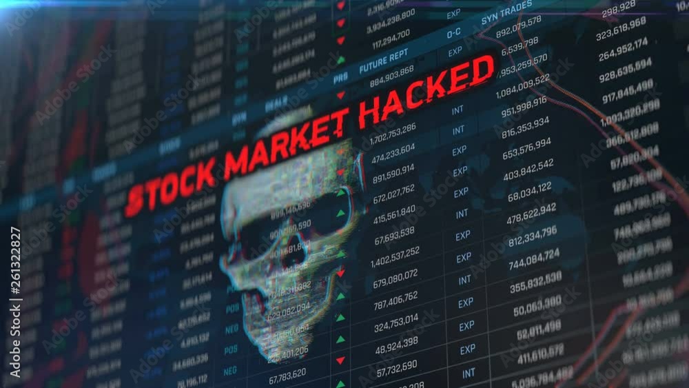 Pirate skull on financial background, stock market hacked, manipulation ...