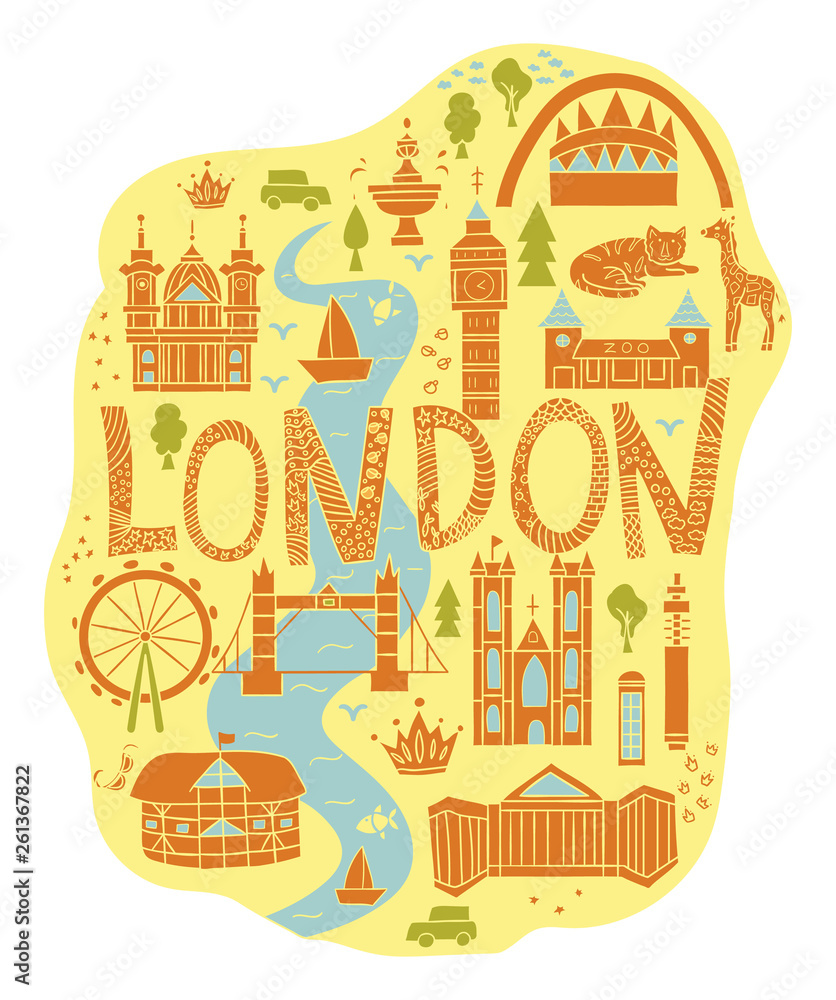 Hand drawn map of London in cartoon style. Main English attractions and ...