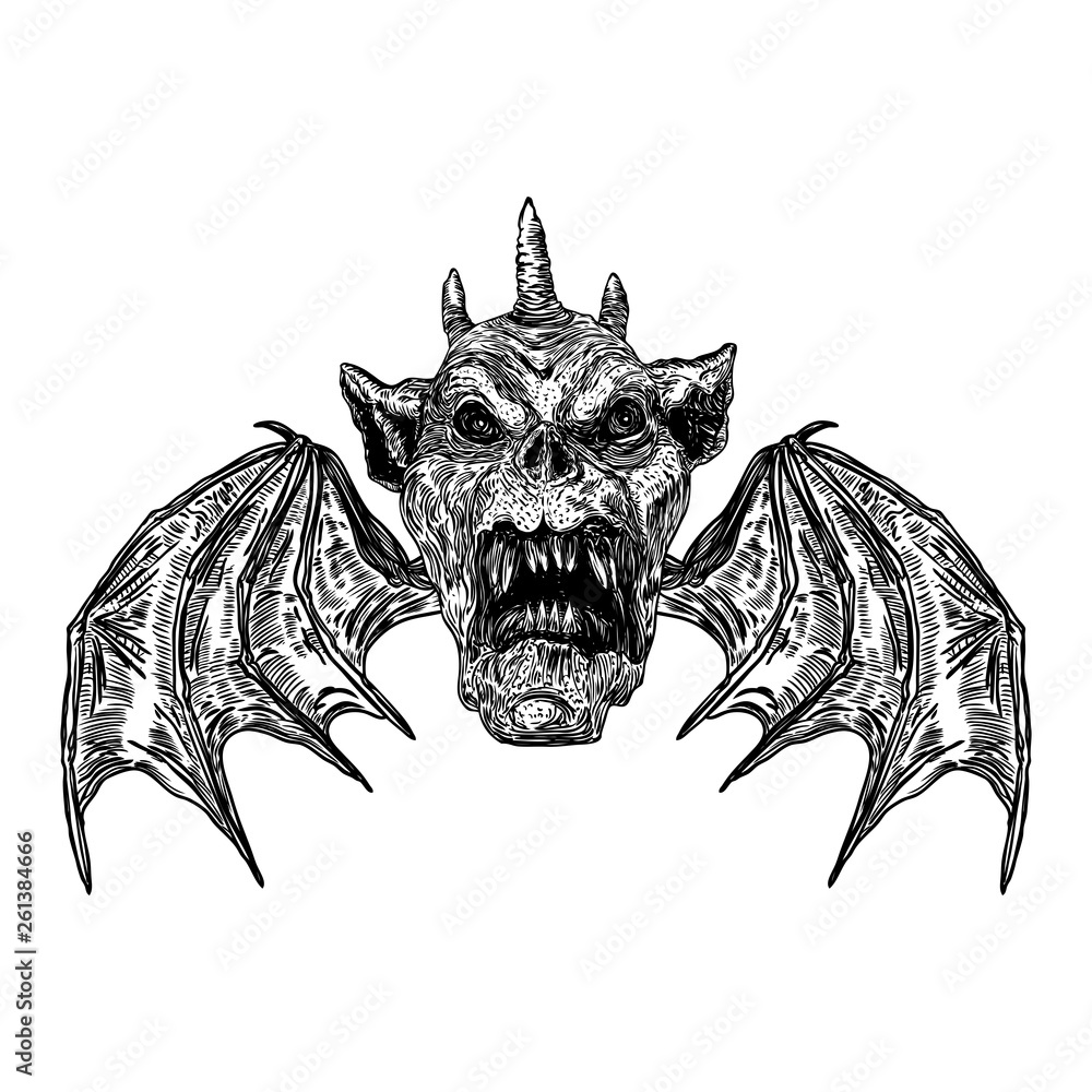 Devil head with big demon horns or antlers and sharp fangs. Satan or ...