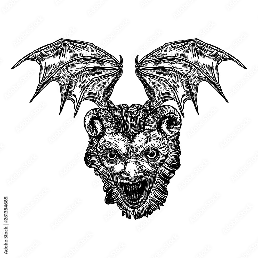Devil head with big demon horns or antlers and sharp fangs. Satan or ...
