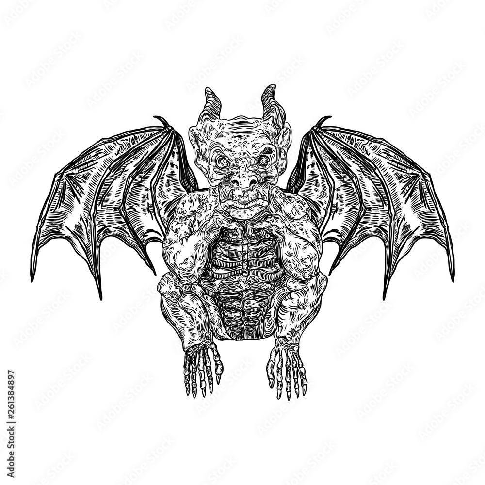 Mythological ancient creatures animals with bat like wings. and horn ...