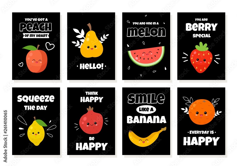 Vector set of cards with cute cartoon fruits and quotes. Template for ...