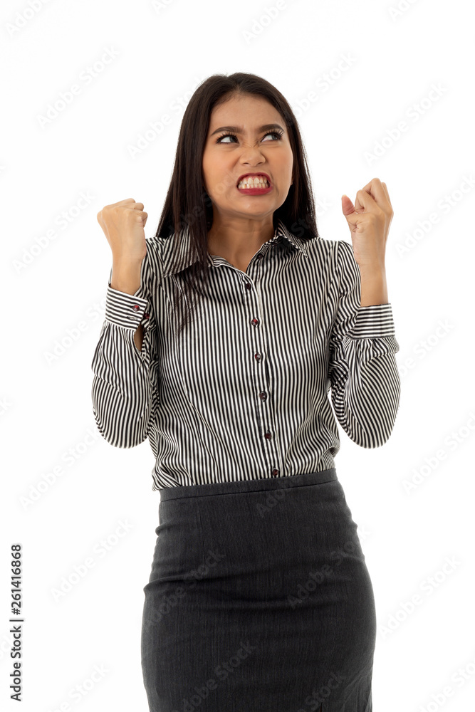 Angry asian young lady close her hand and grinding her teeth isolated ...