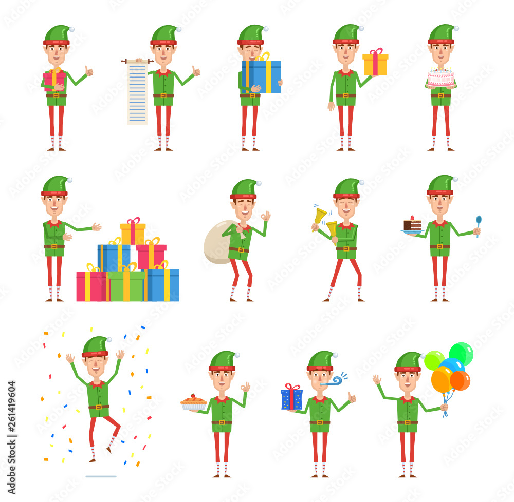 Set of Christmas elf characters showing different actions. Cheerful elf ...