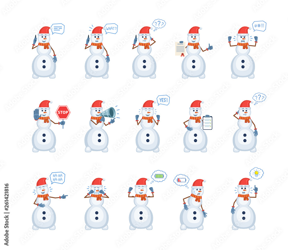 Big set of snowman characters showing different actions. Cheerful ...