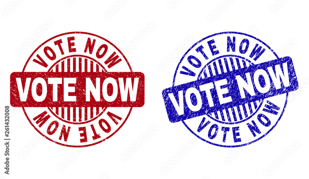 Grunge VOTE NOW round stamp seals isolated on a white background. Round ...