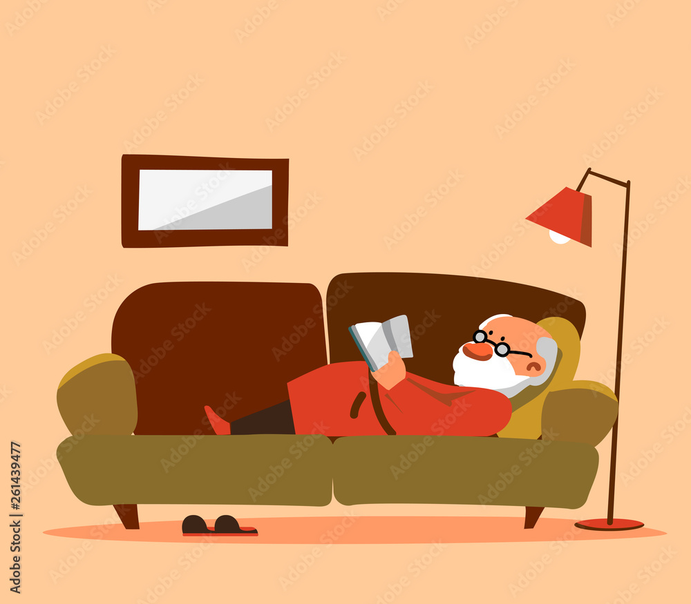 Relaxed old man with white beard reading a book on a sofa. Vector ...