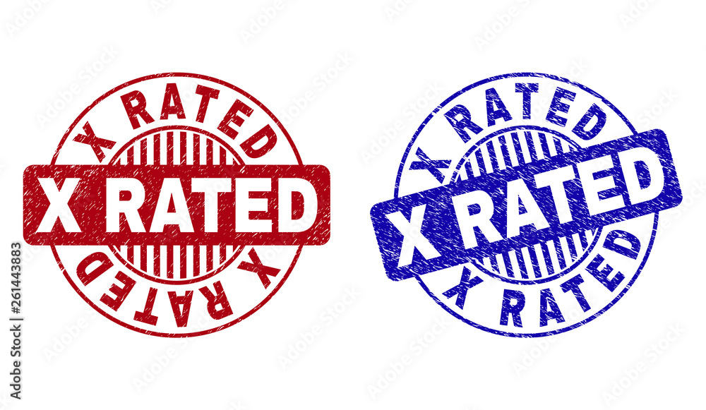 Grunge X RATED round stamp seals isolated on a white background. Round ...