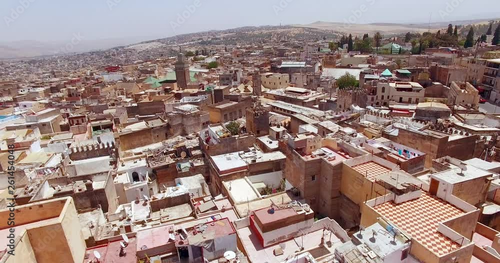 FEZ, MOROCCO. City walls of Fez. Aerial drone 4K view of the medina ...