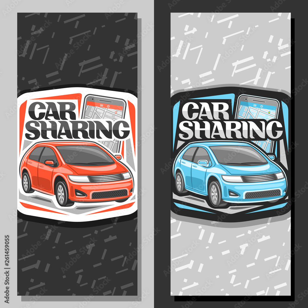Vector banners for Car Sharing, signage with red and blue cartoon ...