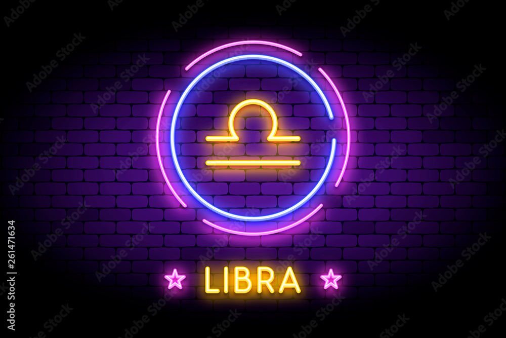 The Libra zodiac symbol, horoscope sign in trendy neon style on a wall ...