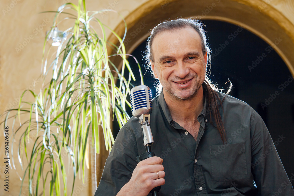 singer man old school fashioned microphone hairstyle karaoke portrait ...