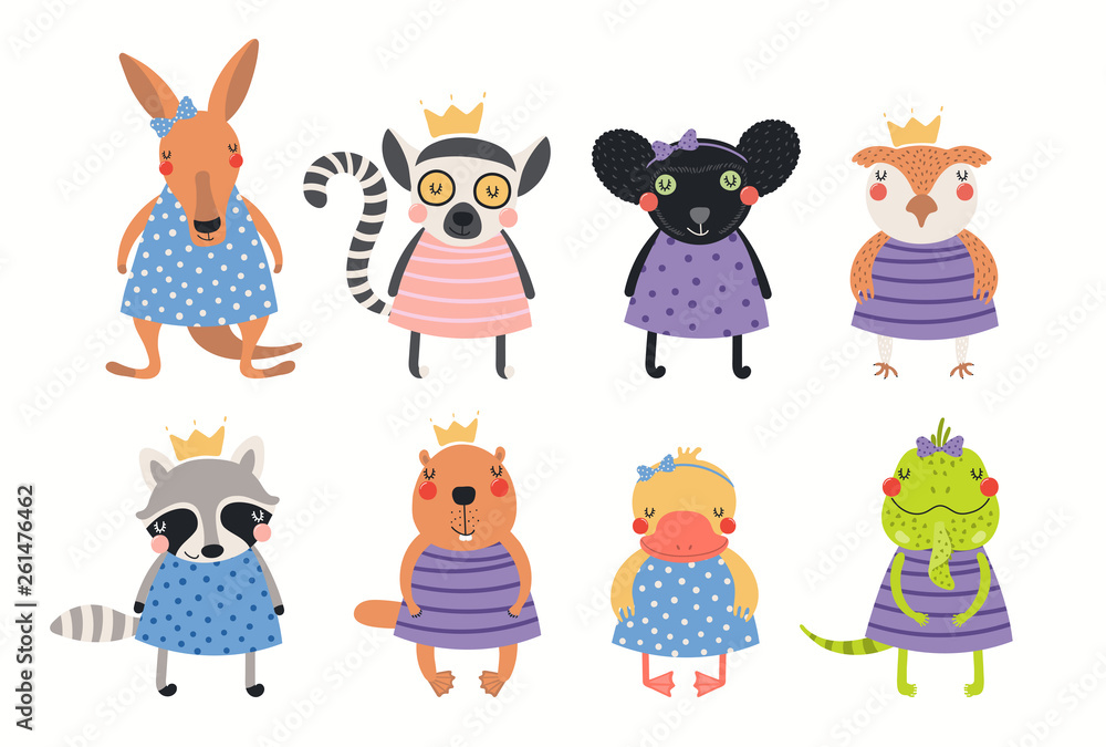 Big set of cute funny animal girls in dresses. Isolated objects on ...