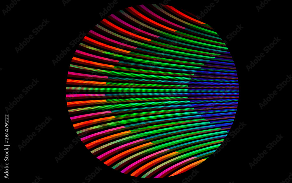Circle with pattern in neon colors against black background / Abstract ...