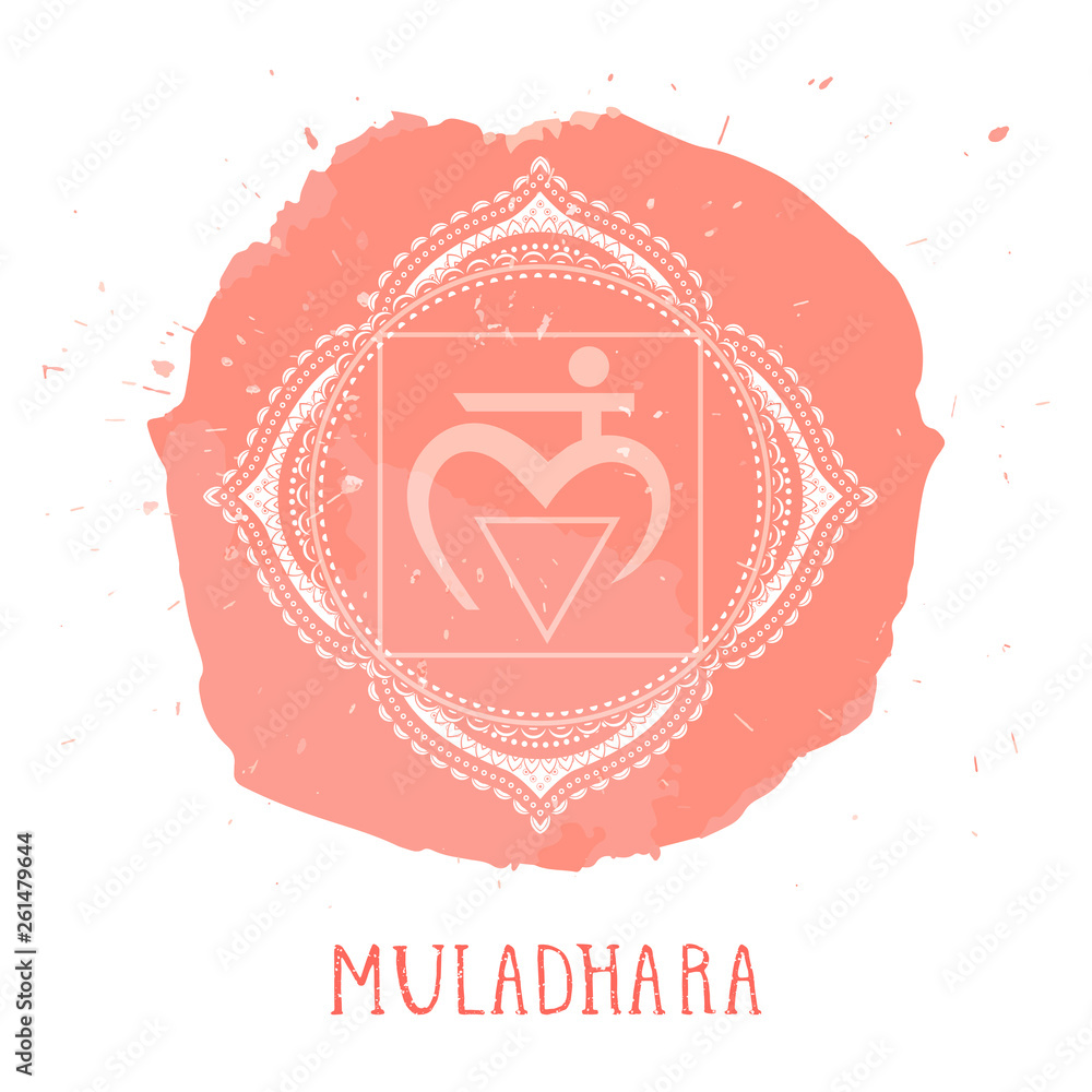 Vector illustration with symbol Muladhara - Root chakra and watercolor ...