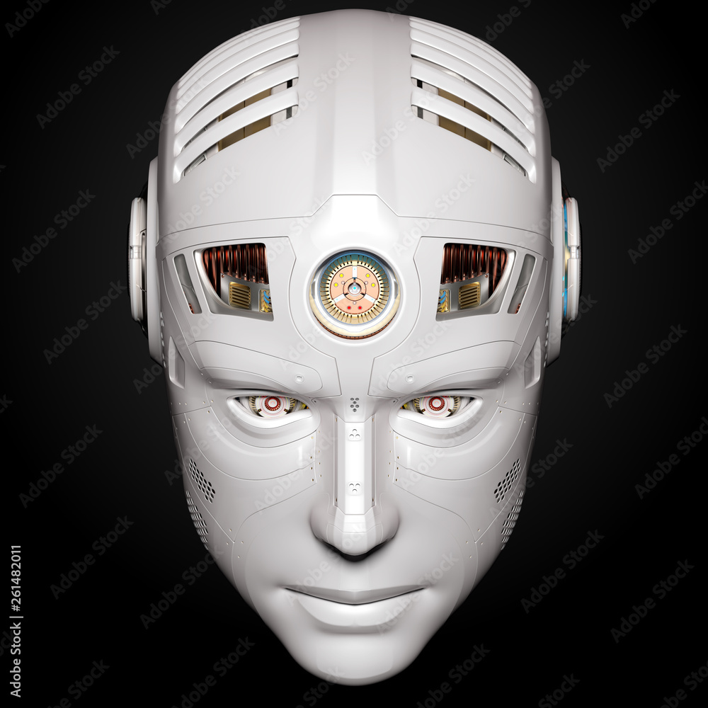 Very detailed futuristic robot head or cyborg face. Front view ...