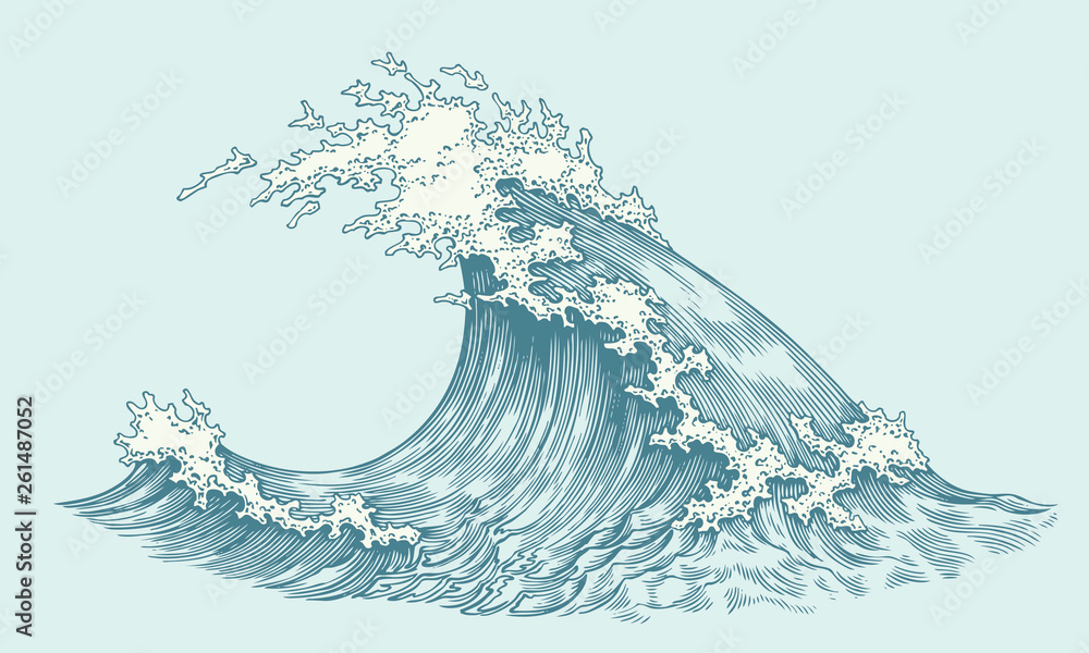Wave. Hand drawn engraving. Editable vector vintage illustration ...