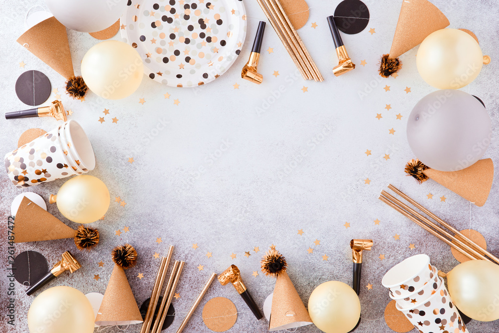 Party, carnival, festival and birthday gold background with balloon ...