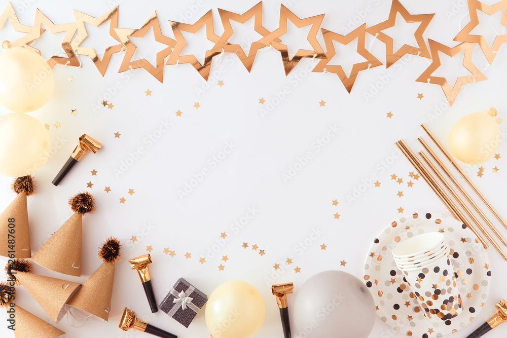 Party, carnival, festival and birthday gold background with balloon ...