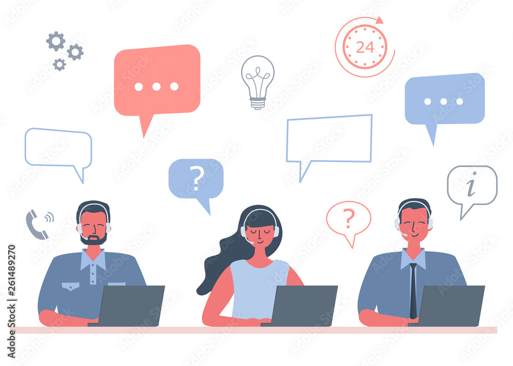 Web banner of call center workers. Support service icons. Young men and ...
