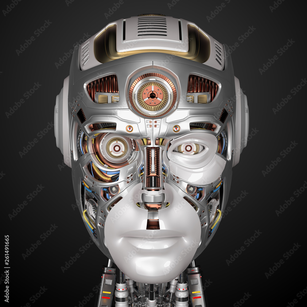 extremely detailed robot face or cyborg head. Front view isolated on ...