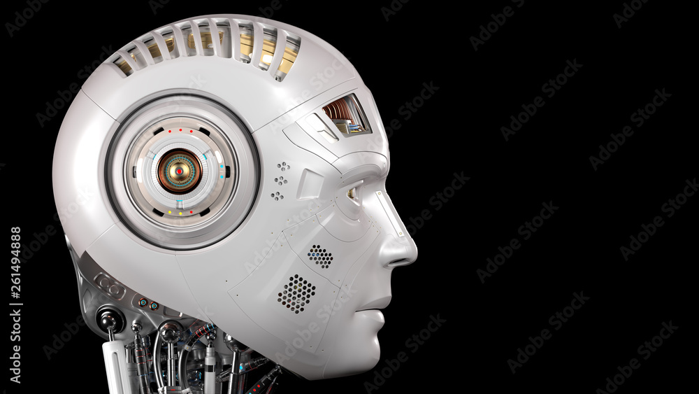 futuristic robot head or very detailed cyborg face. In profile view ...