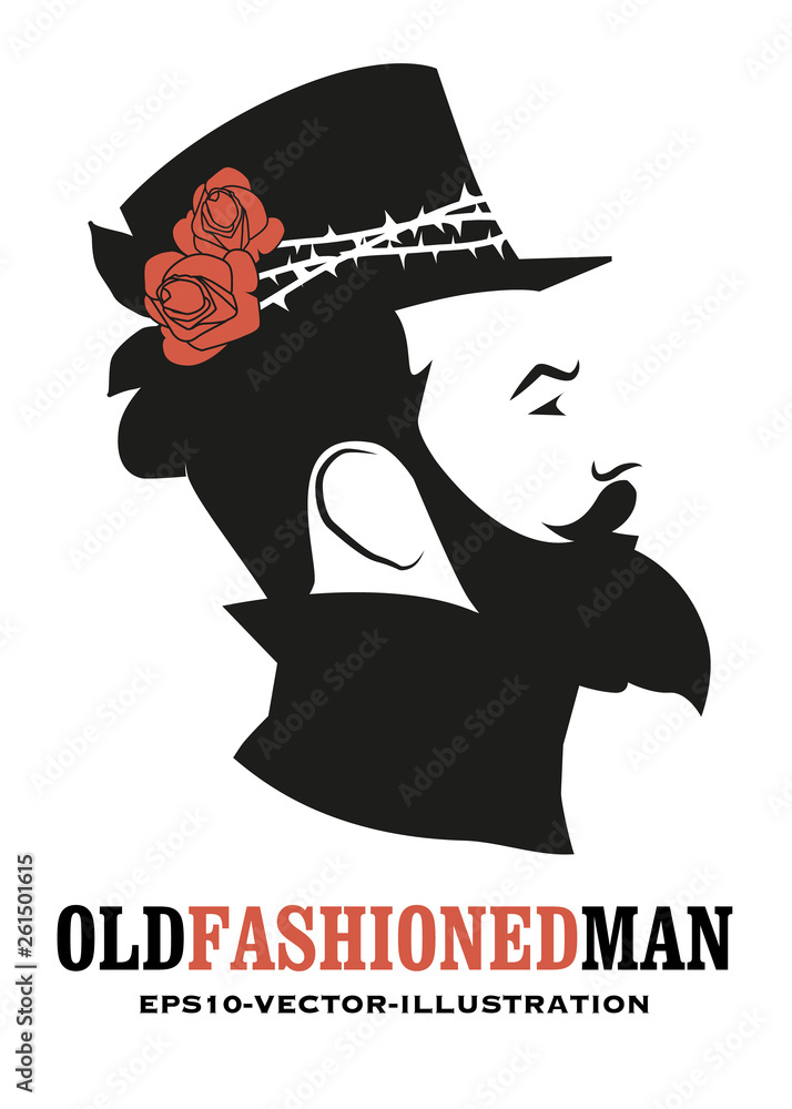 Bearded man, in the old style, wearing a top hat decorated with roses ...