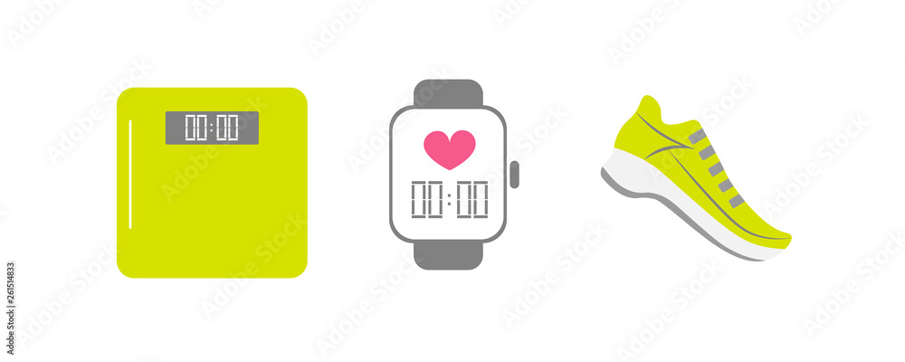 Vector set of running sport icons - running shoe, smart watch, weigh ...