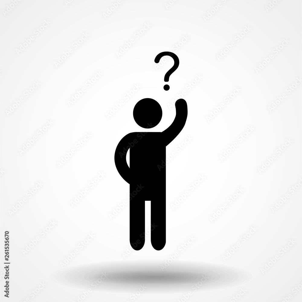 Simple vector icon with man or person with raised hand and a question ...