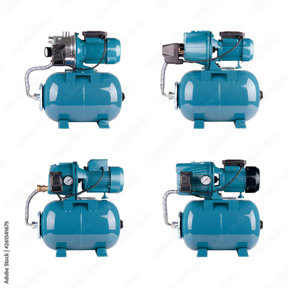 Set automatic water supply stations, isolated white background. Iron ...