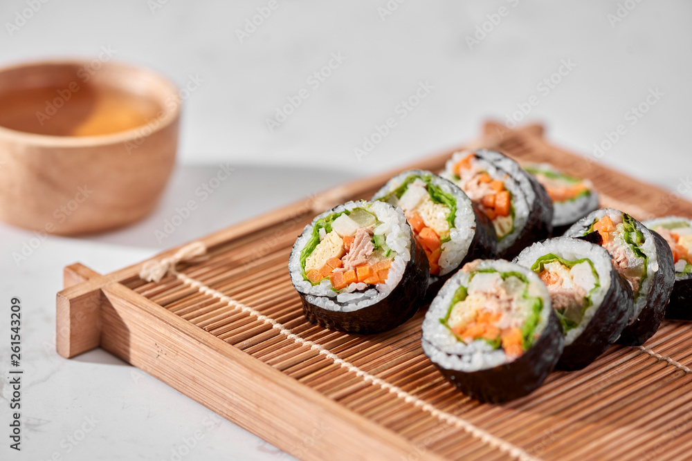Korean roll Gimbap(kimbob) made from steamed white rice (bap) and ...
